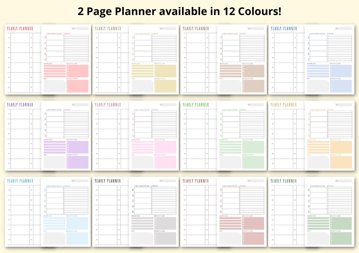Yearly Planner, Annual Overview, Year at a Glance, Goal Planner, 12 ...