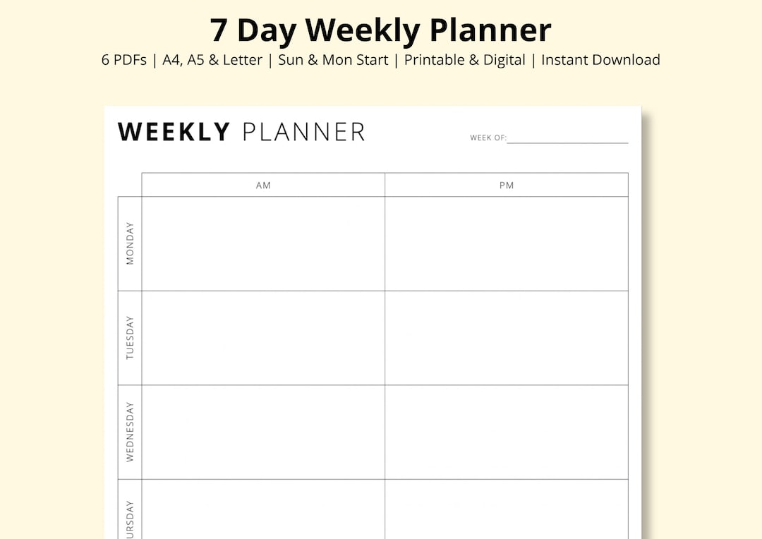 7 Day Weekly Planner Template, Week at a Glance, Weekly Overview, 7 Day ...
