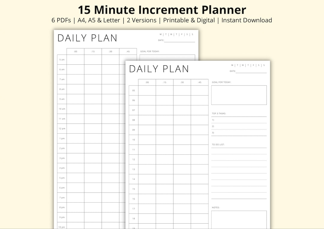 15 Minute Increment Planner, Daily Schedule Template, Time Block PDF ...