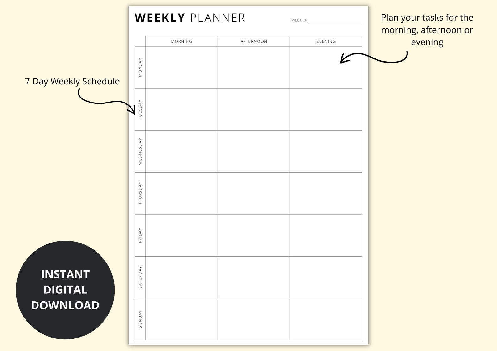 7 Day Planner, Week at a Glance, Weekly Planner Template, Weekly ...