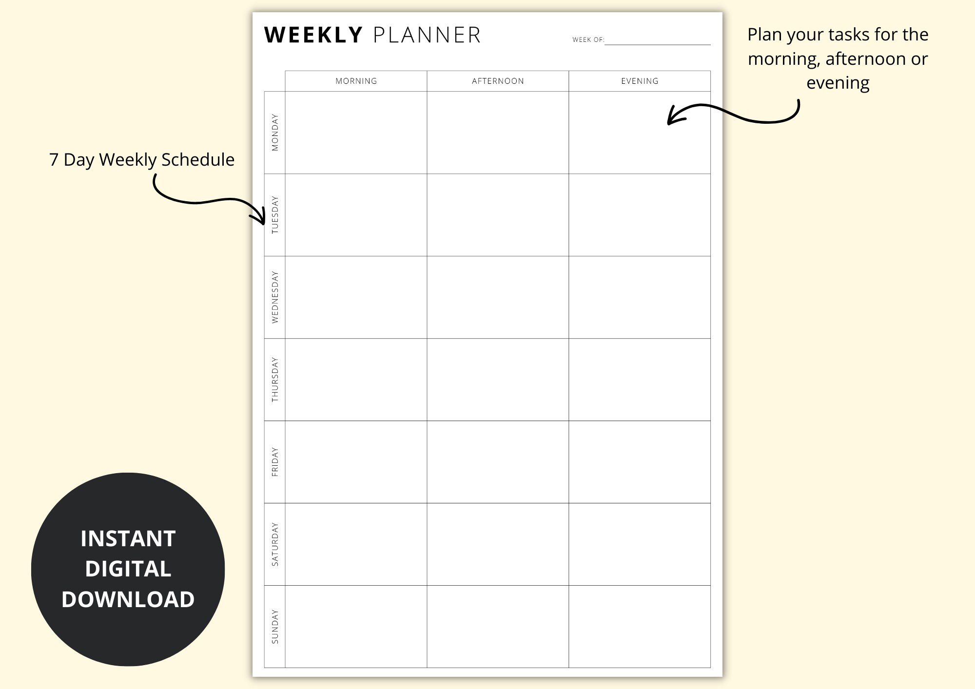 7 Day Planner, Week at a Glance, Weekly Planner Template, Weekly ...