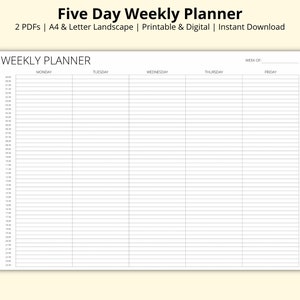 5 Day Weekly Planner, 24 Hour Schedule, 30 Minute Increments, Time ...