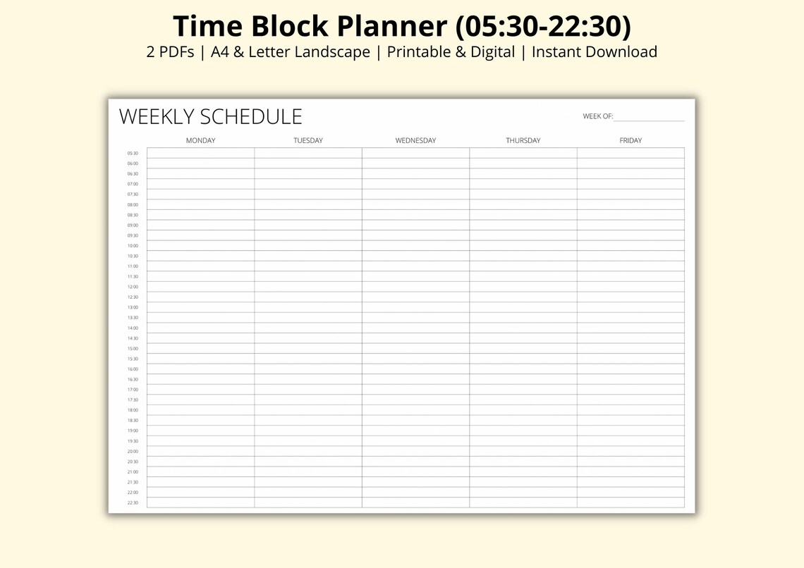 Time Block Planner, Printable Weekly Planner Template, 5 Day Planner ...