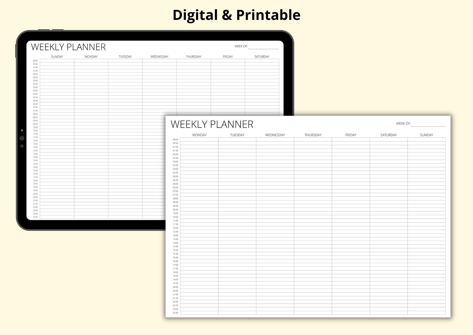 24 Hour Weekly Schedule, Week at a Glance, Weekly Time Blocking Planner ...