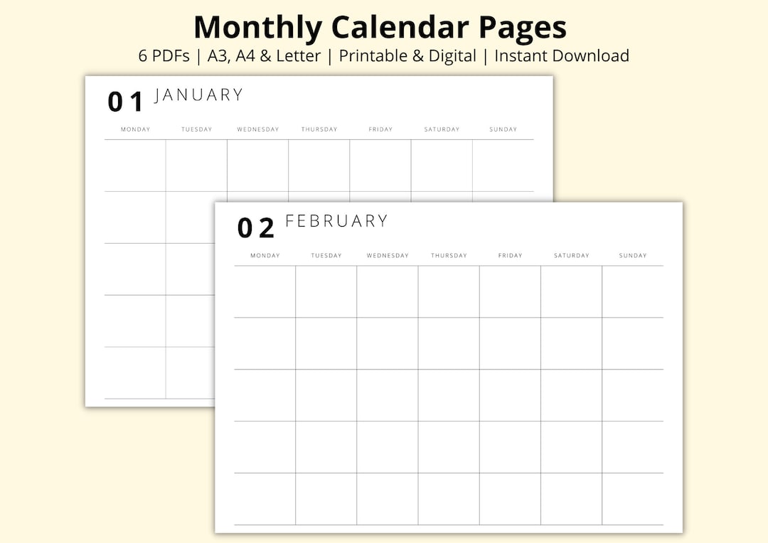 Monthly Calendar Pages, Month at a Glance, Blank 12 Month Planner ...