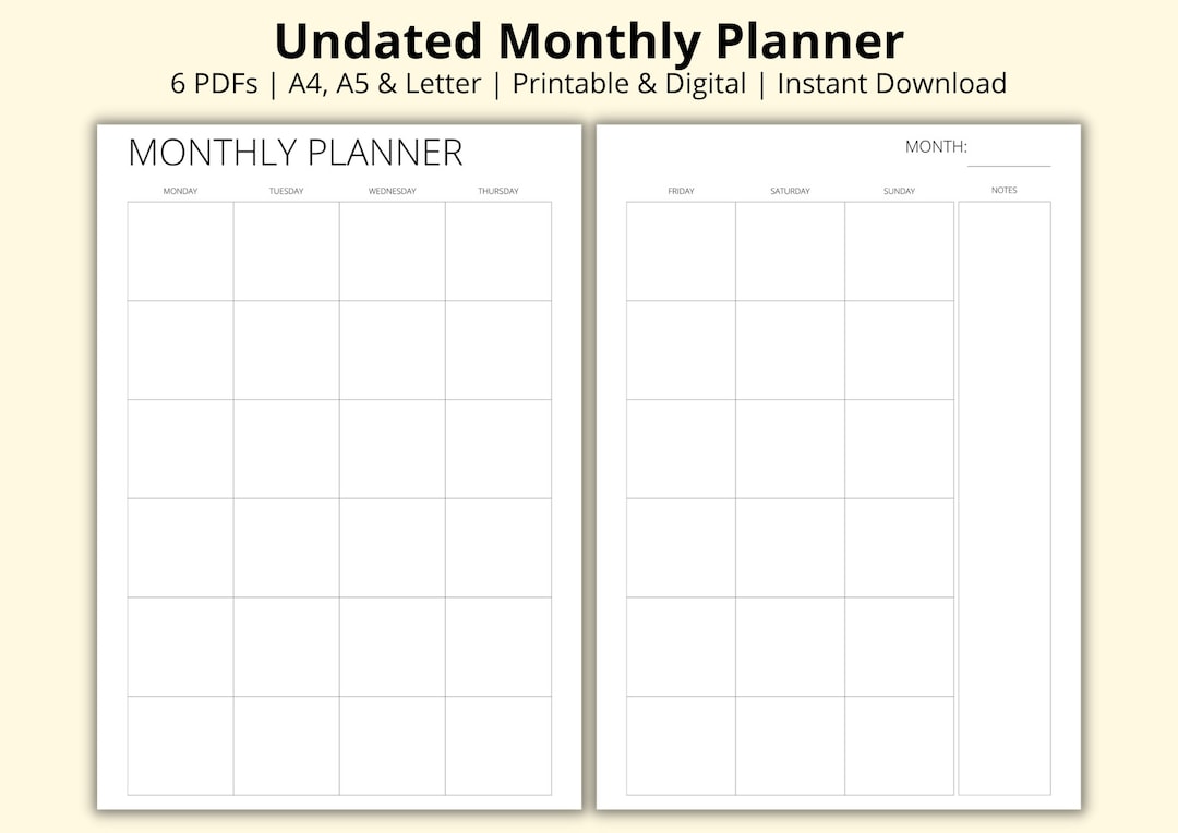 Undated Monthly Planner, Month on Two Pages, Blank Calendar Template ...