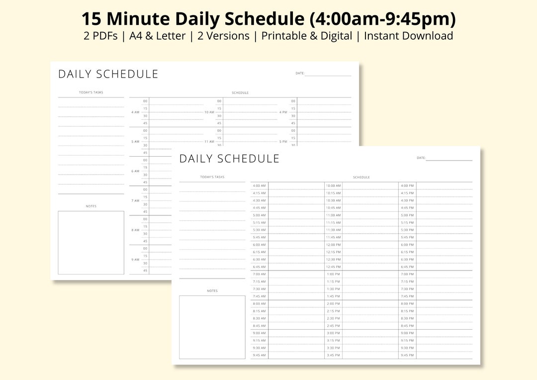 15 Minute Daily Schedule, Printable/digital Timetable Sheet, Daily ...