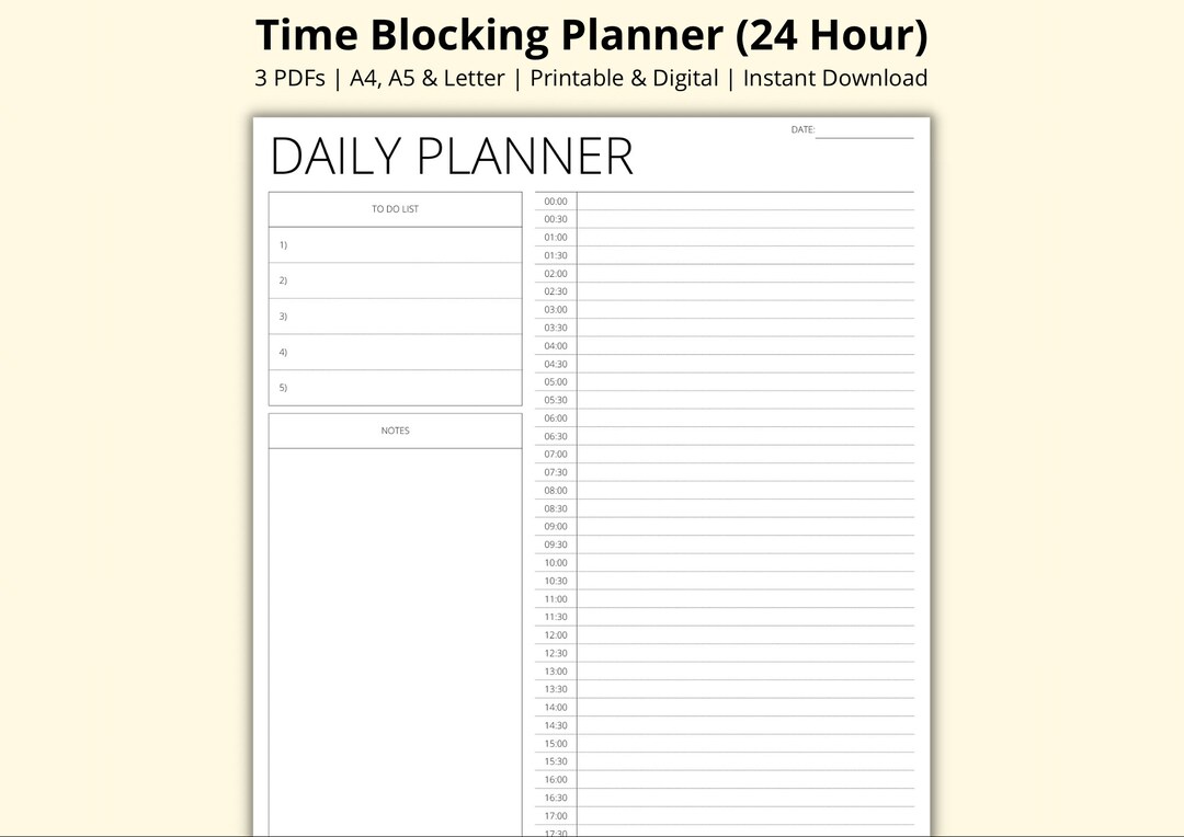 Time Blocking Planner, 24 Hour Planner Template, Half Hourly Schedule ...