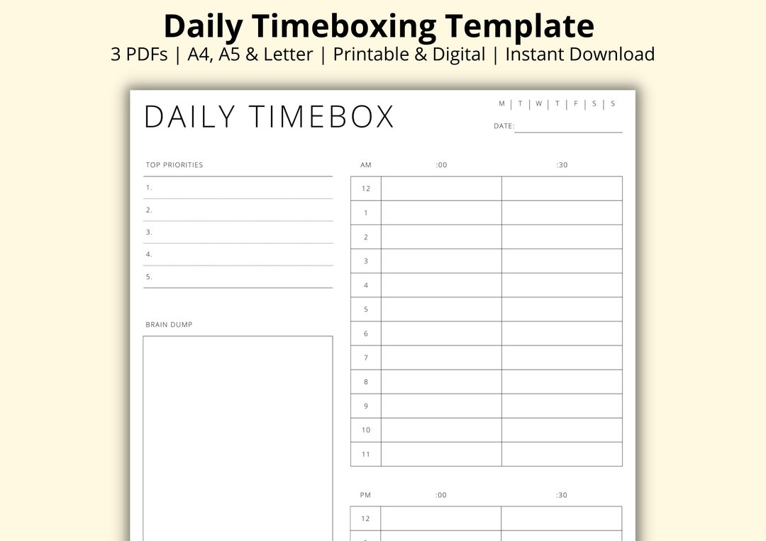 Daily Timeboxing Template, Timeblock Planner, Daily Overview, Half Hour ...