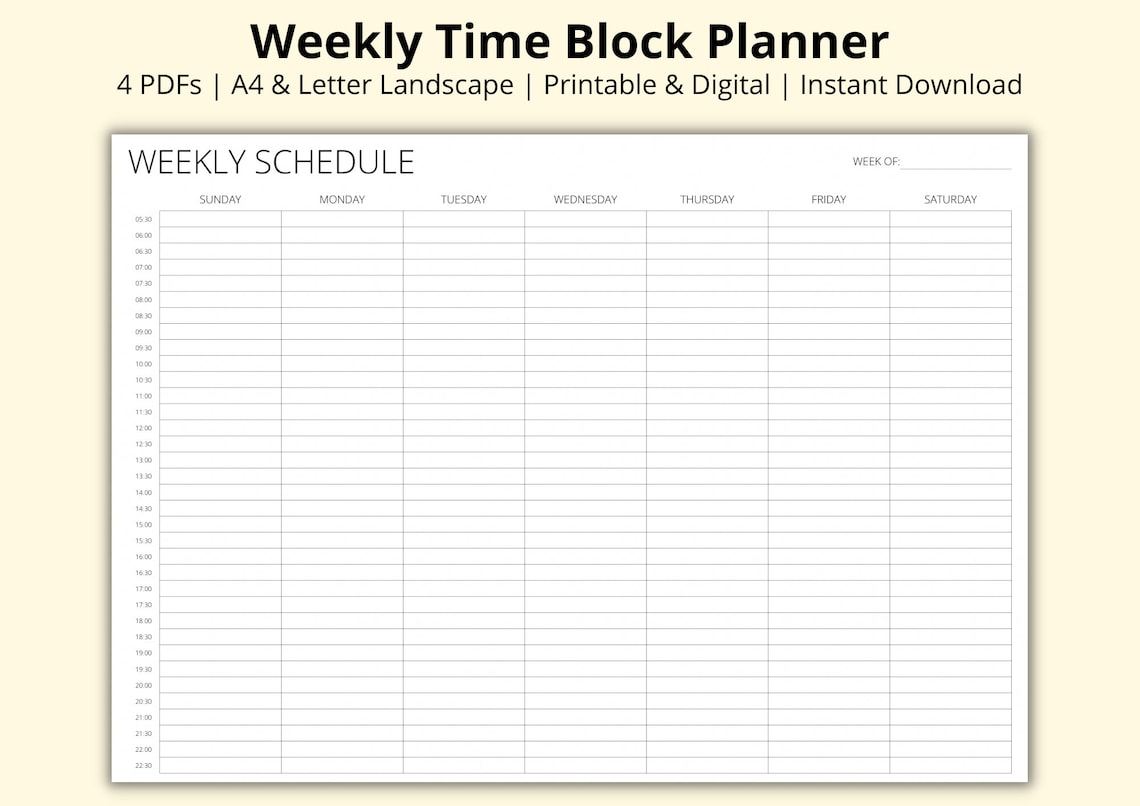Weekly Time Block Planner, 7 Day Timetable Sheet, 30 Minute Interval ...