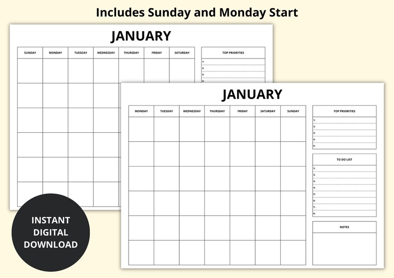 Blank Calendar Page, Monthly Planner PDF, Month at a Glance, 12 Month ...