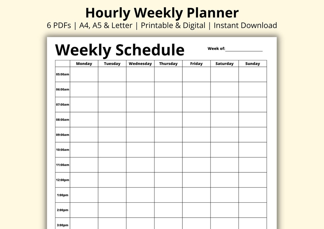 Hourly Weekly Planner, 7 Day Timetable, Week at a Glance, Study Time ...