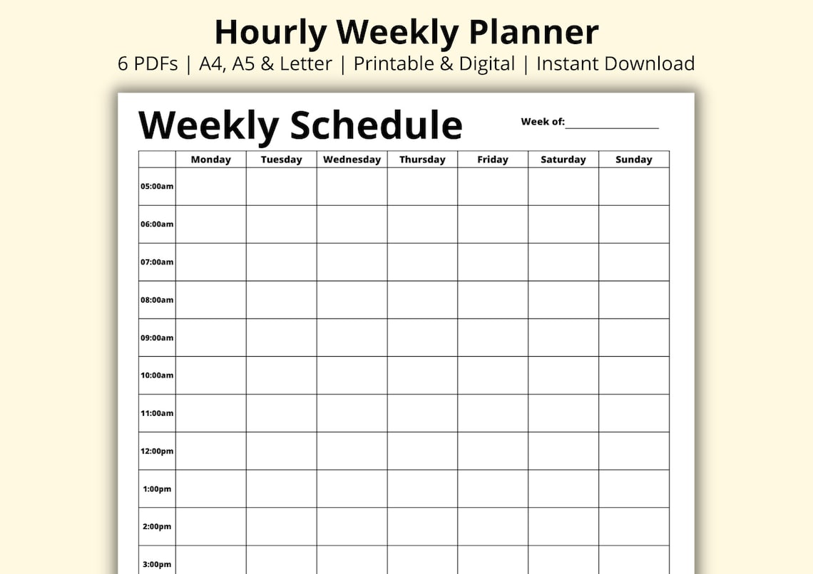 Hourly Weekly Planner, 7 Day Timetable, Week at a Glance, Study Time ...