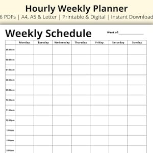 Hourly Weekly Planner, 7 Day Timetable, Week at a Glance, Study Time ...