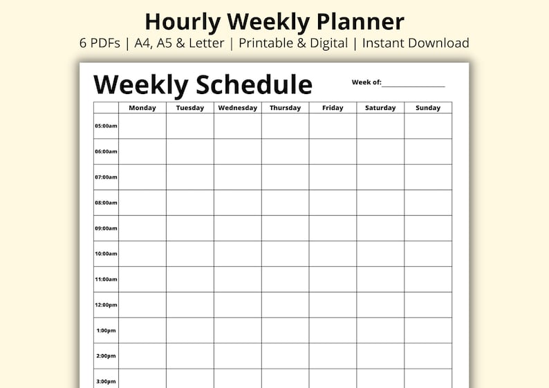 Hourly Weekly Planner, 7 Day Timetable, Week at a Glance, Study Time ...