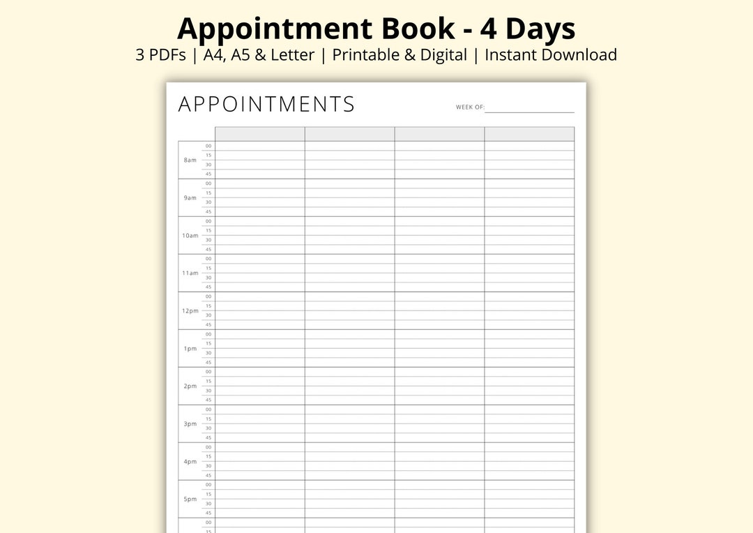 Appointment Book 4 Day Schedule, 15 Minute Intervals, Appointment ...
