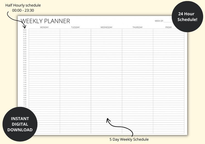 5 Day Weekly Planner, 24 Hour Schedule, 30 Minute Increments, Time ...