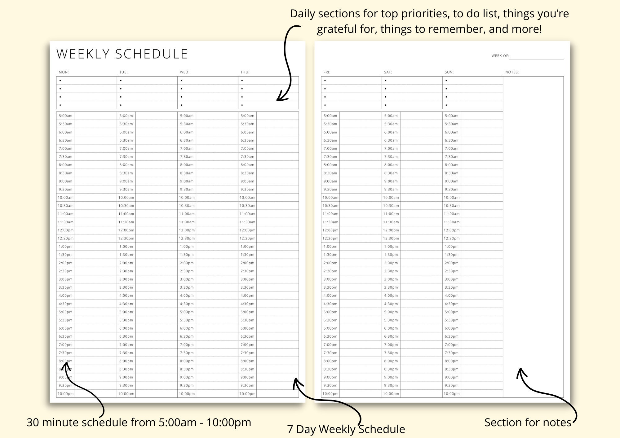 Weekly Schedule, 7 Day Weekly Planner, Timetable Sheet, 30 Minute ...