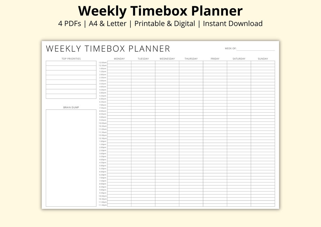 Weekly Timebox Planner, 7 Day Time Blocking Template, Week at a Glance ...