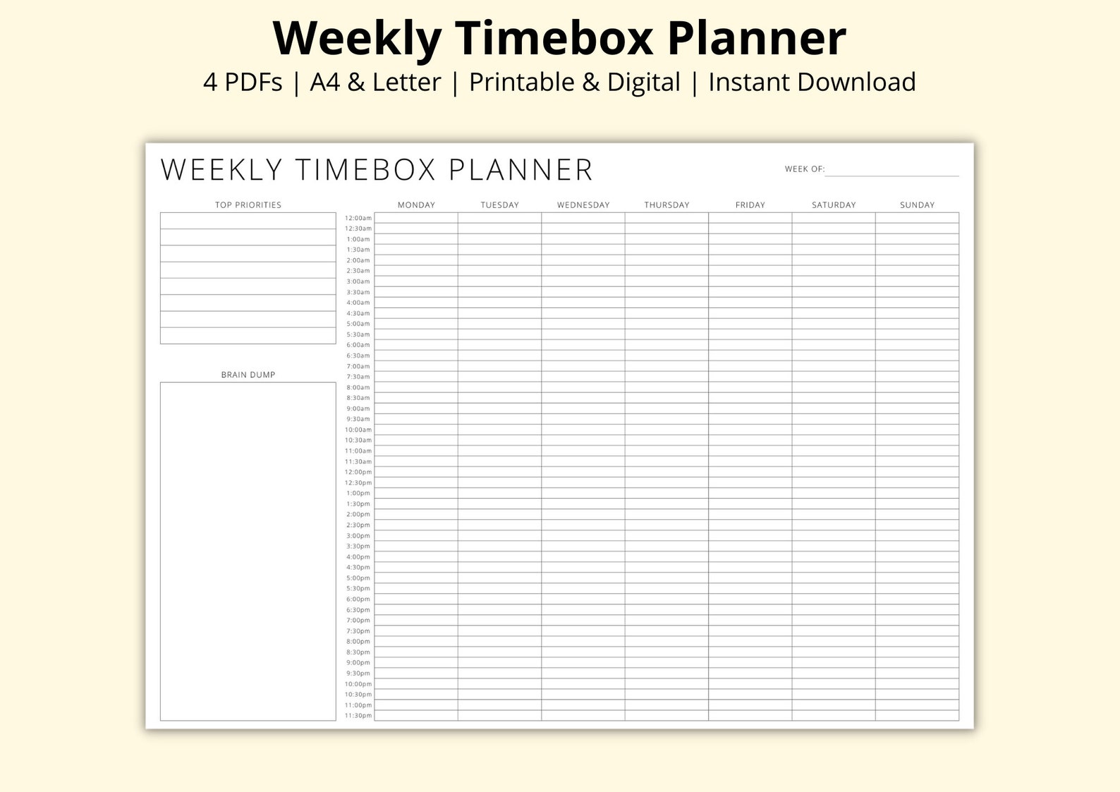 Weekly Timebox Planner, 7 Day Time Blocking Template, Week at a Glance ...