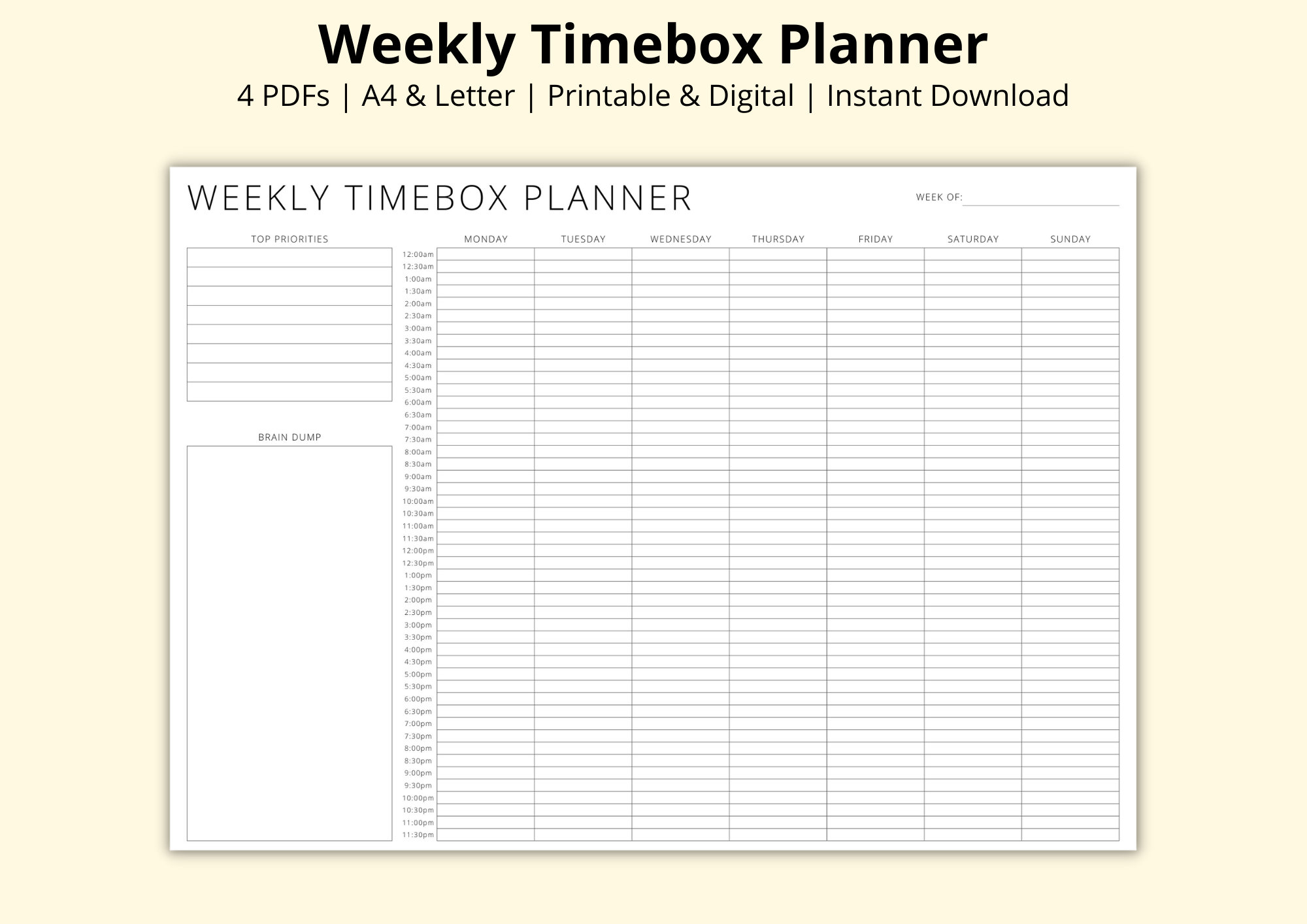 Weekly Timebox Planner, 7 Day Time Blocking Template, Week at a Glance ...