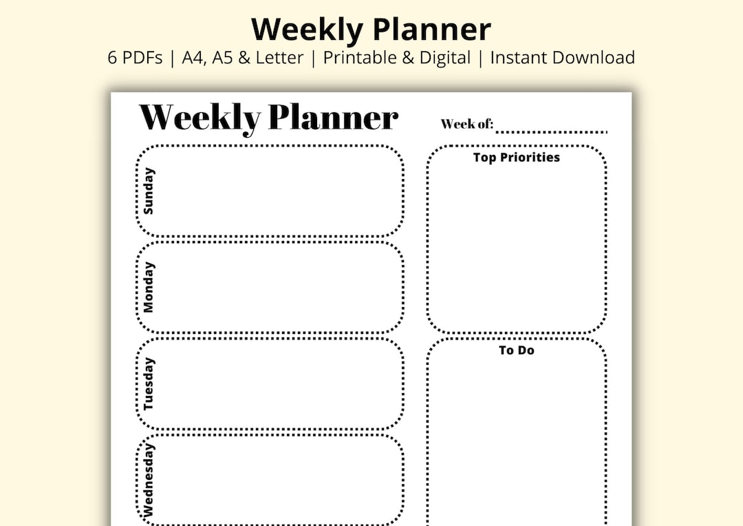 Weekly Planner, 7 Day Planner Template, Weekly Agenda PDF, to Do List ...