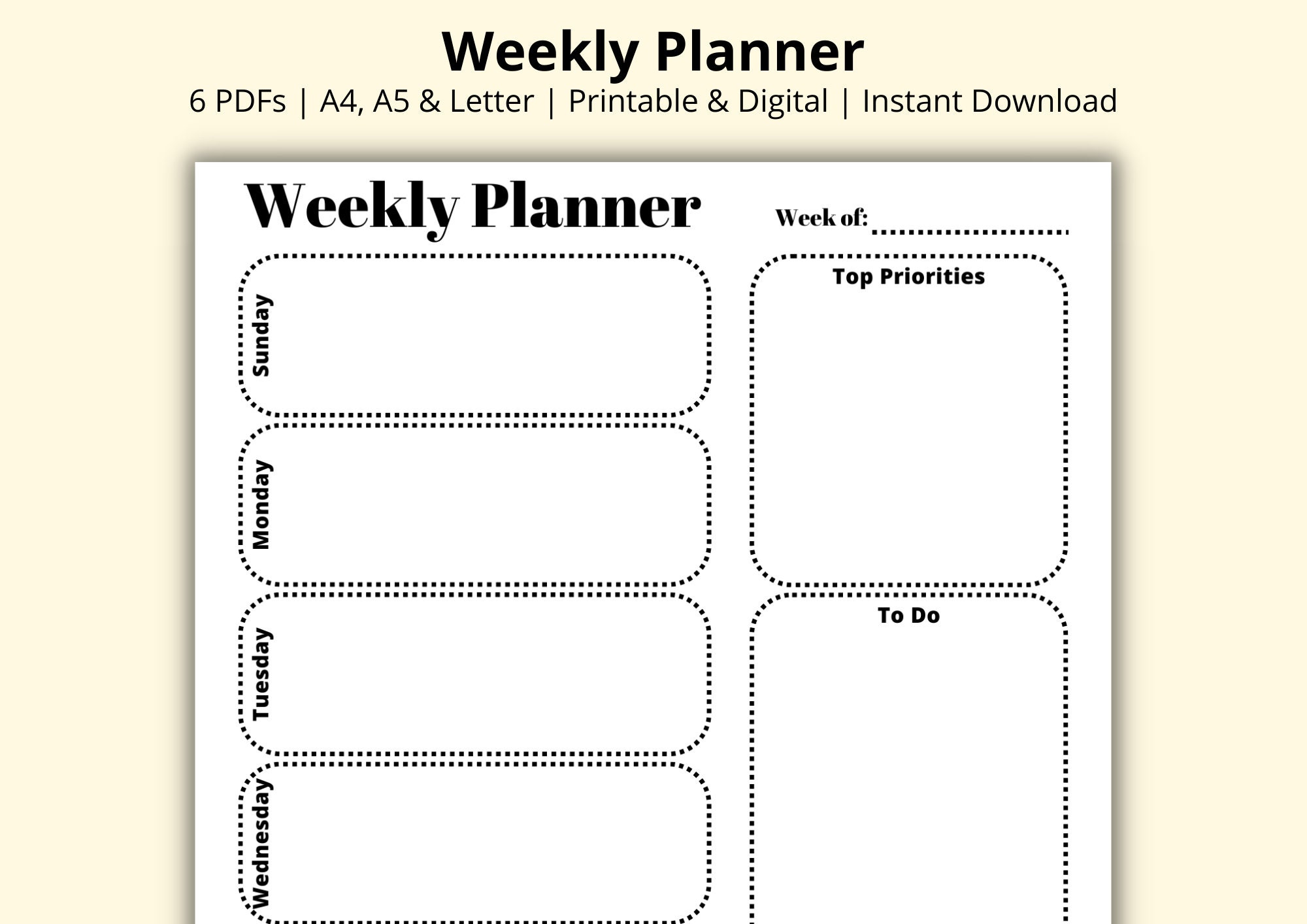 Weekly Planner, 7 Day Planner Template, Weekly Agenda PDF, to Do List, Week at a Glance, Time ...