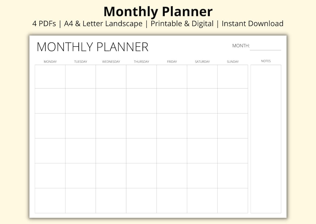 Monthly Planner, Blank Calendar Page, Calendar Template, Month at a ...