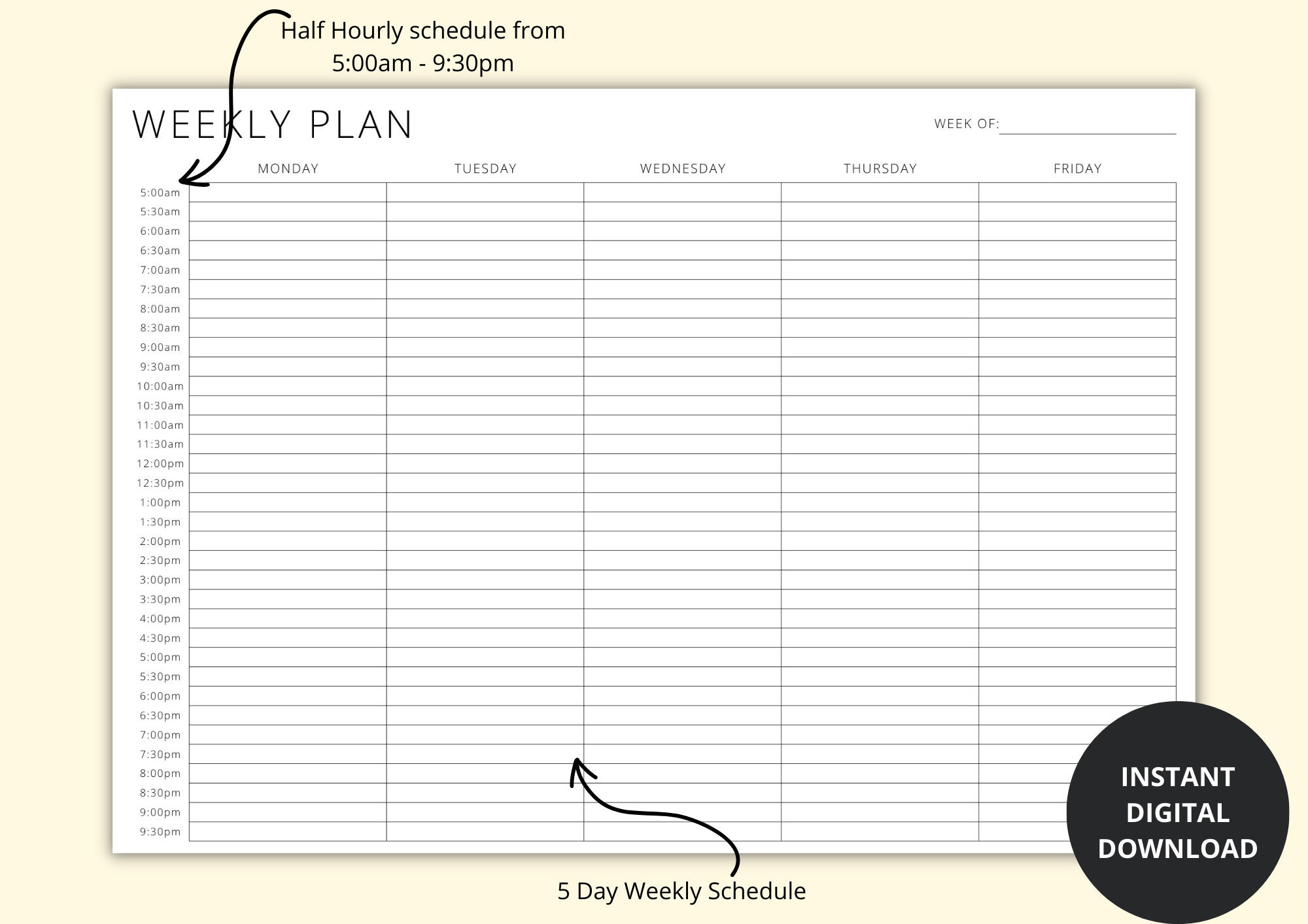 Weekly Schedule, 5 Day Time Block Planner, 30 Minute Interval, Week at ...