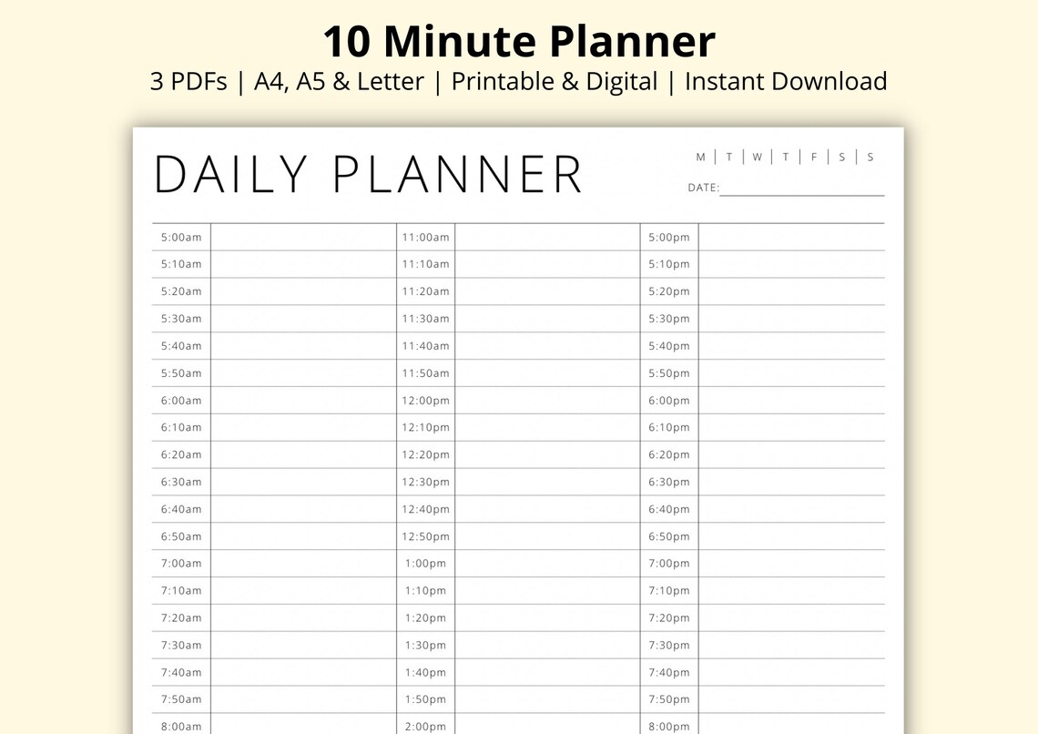 10 Minute Planner Printable Simple Daily Planner Time - Etsy