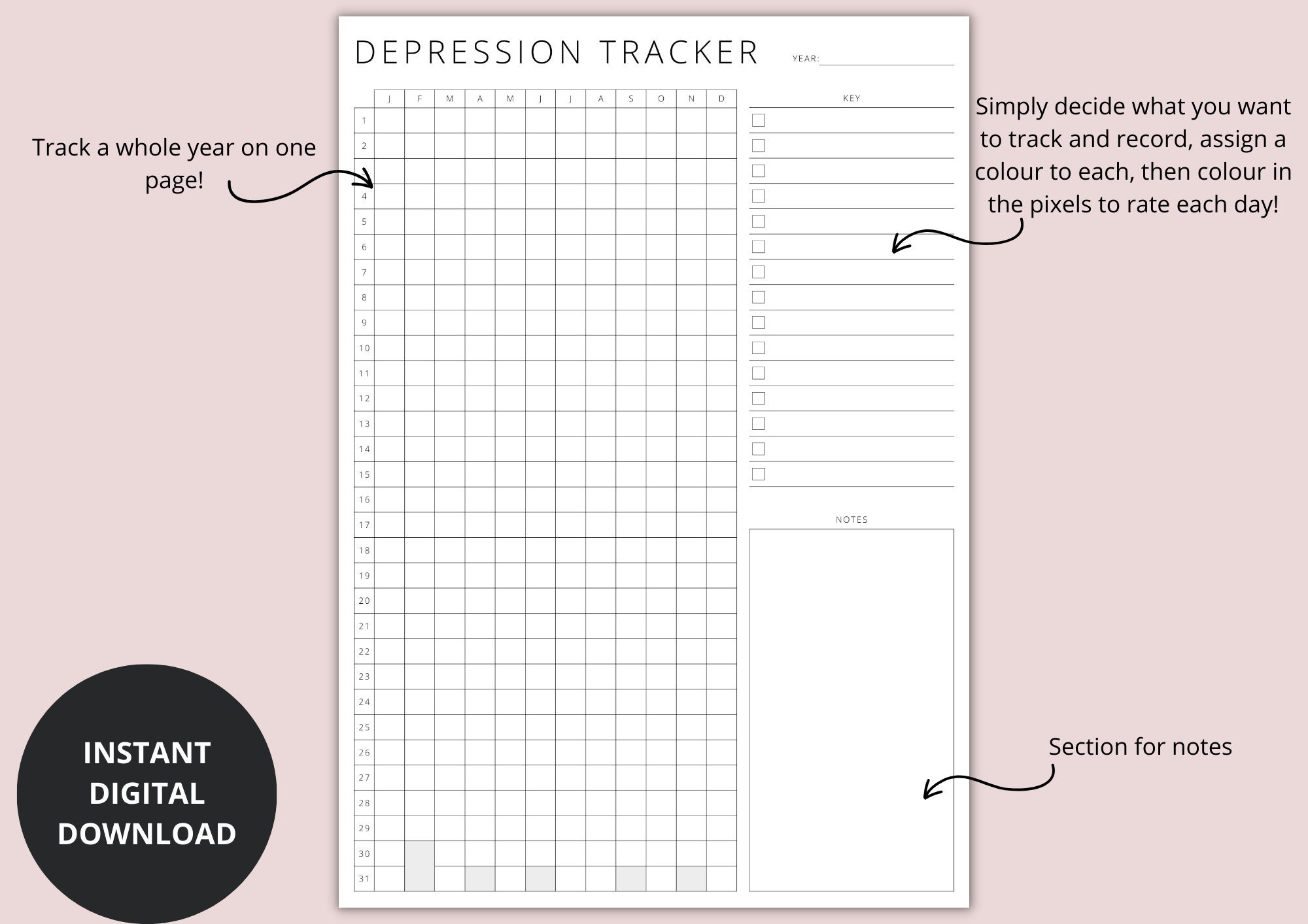 Depression Tracker, Mental Health Tracker, Year in Pixels, Daily Mood ...