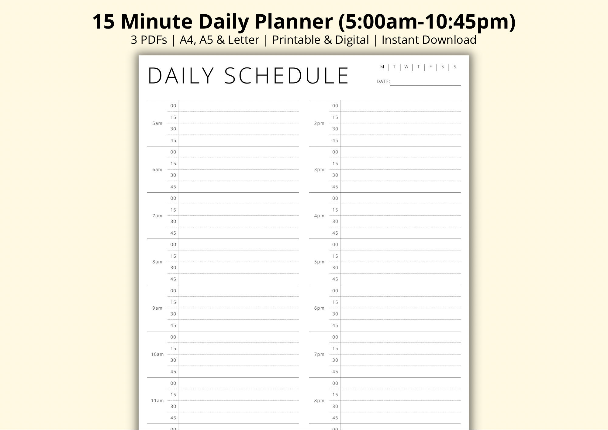 15 Minute Daily Planner, Appointment Organiser, Daily Overview, Time ...