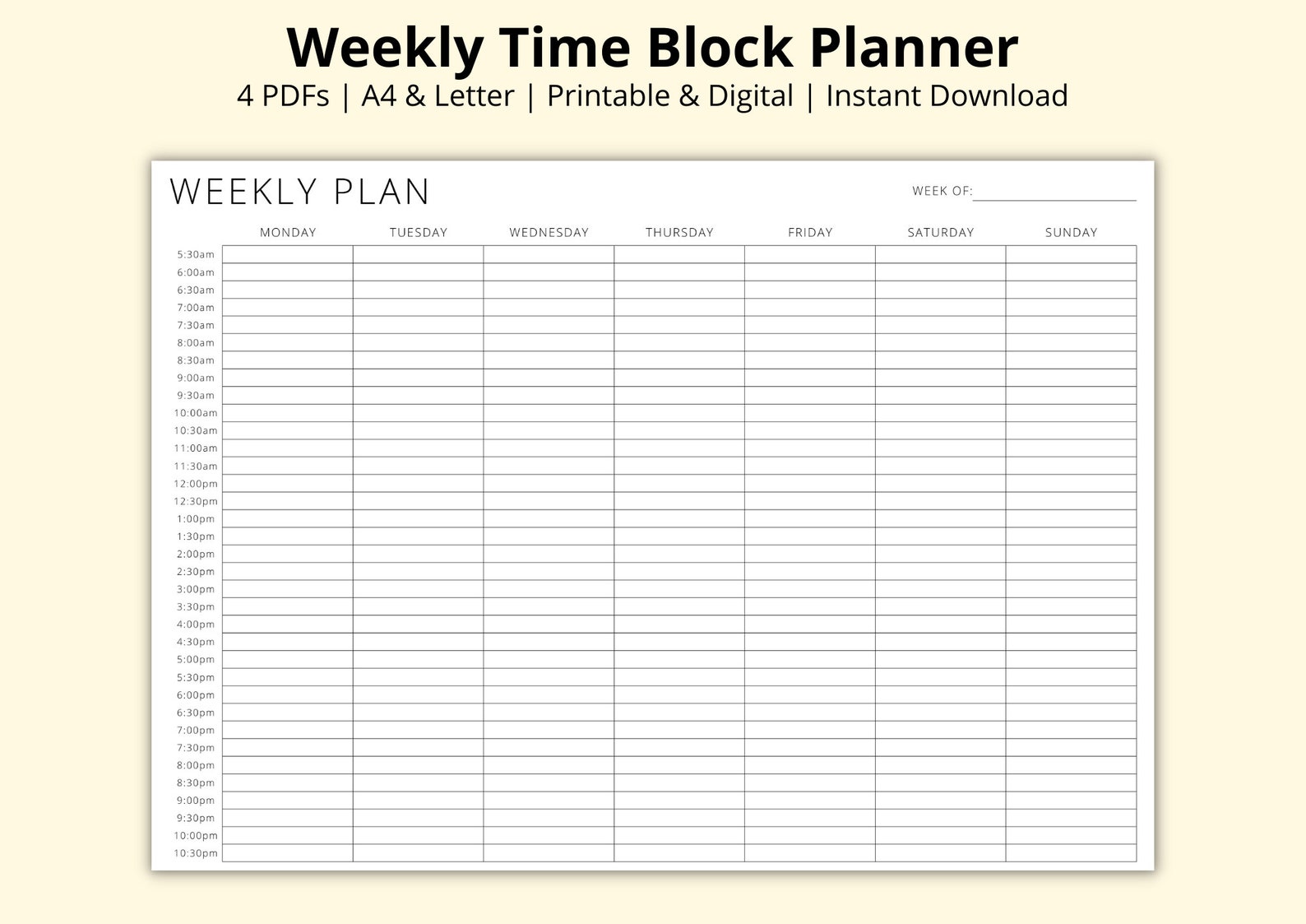 Weekly Time Block Planner, 7 Day Plan, 30 Minute Increments, Week at a ...