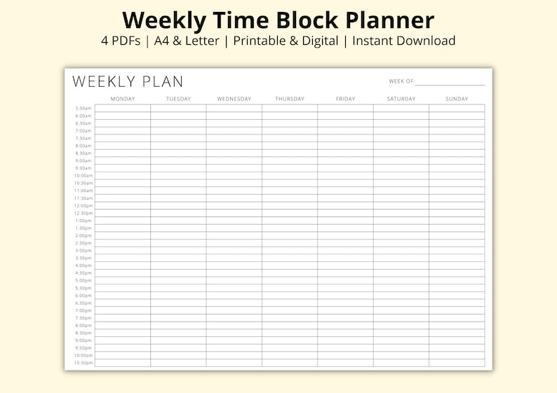 Weekly Time Block Planner, 7 Day Plan, 30 Minute Increments, Week at a ...