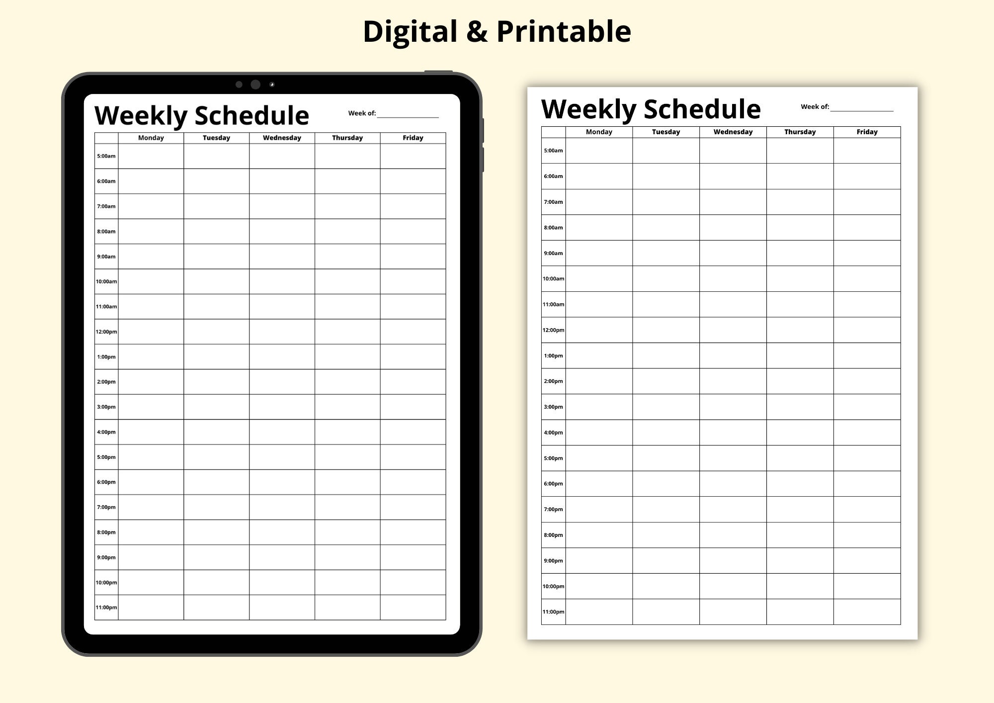 Hourly Weekly Planner, 5 Day Planner, Week at a Glance, Weekly Schedule ...