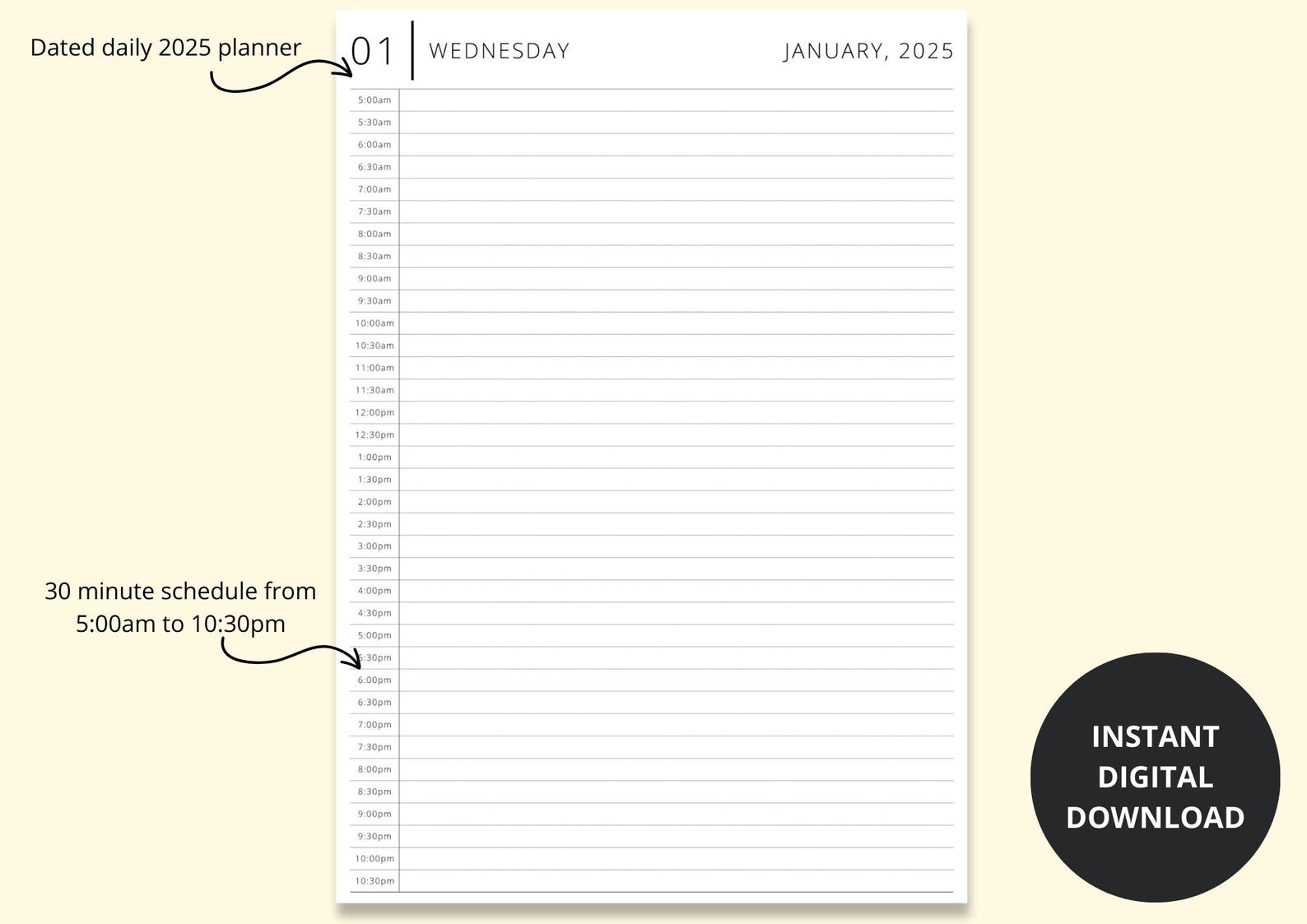 2025 Daily Planner, 2025 Calendar PDF, 30 Minute Schedule, Time ...