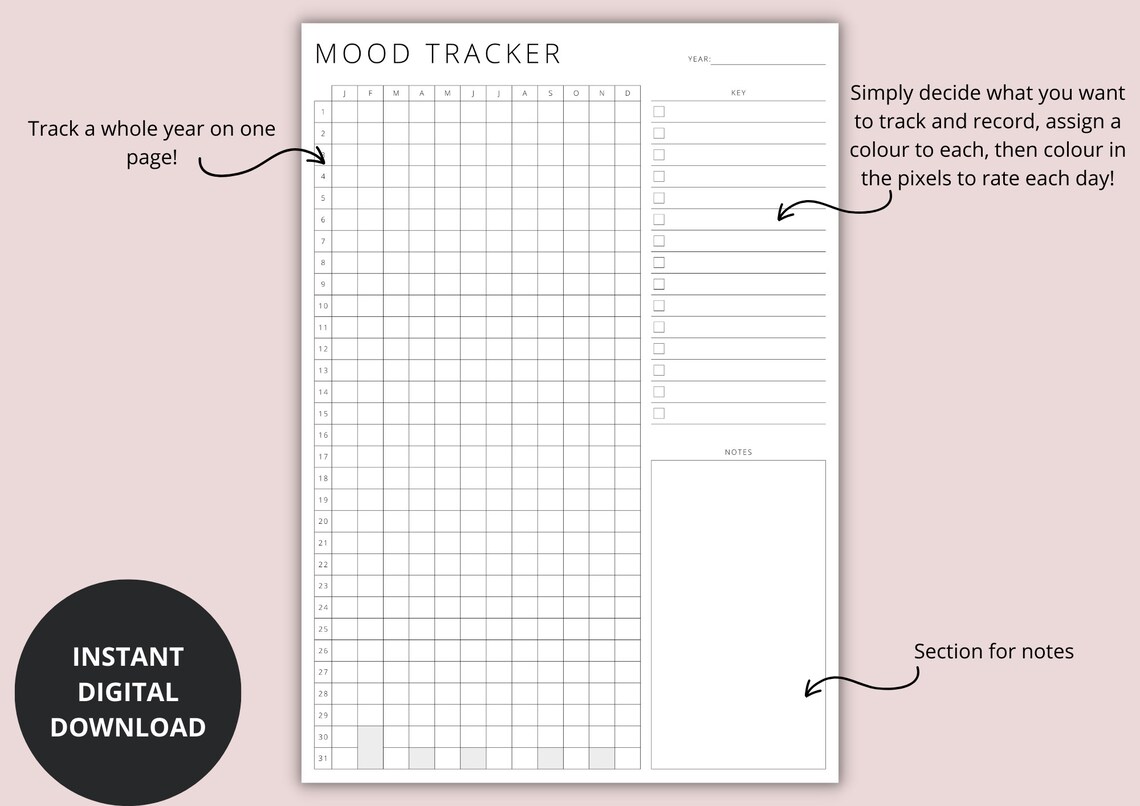 Mood Tracker, Daily Mood Log, A Year in Pixels, Annual Emotion Tracker ...