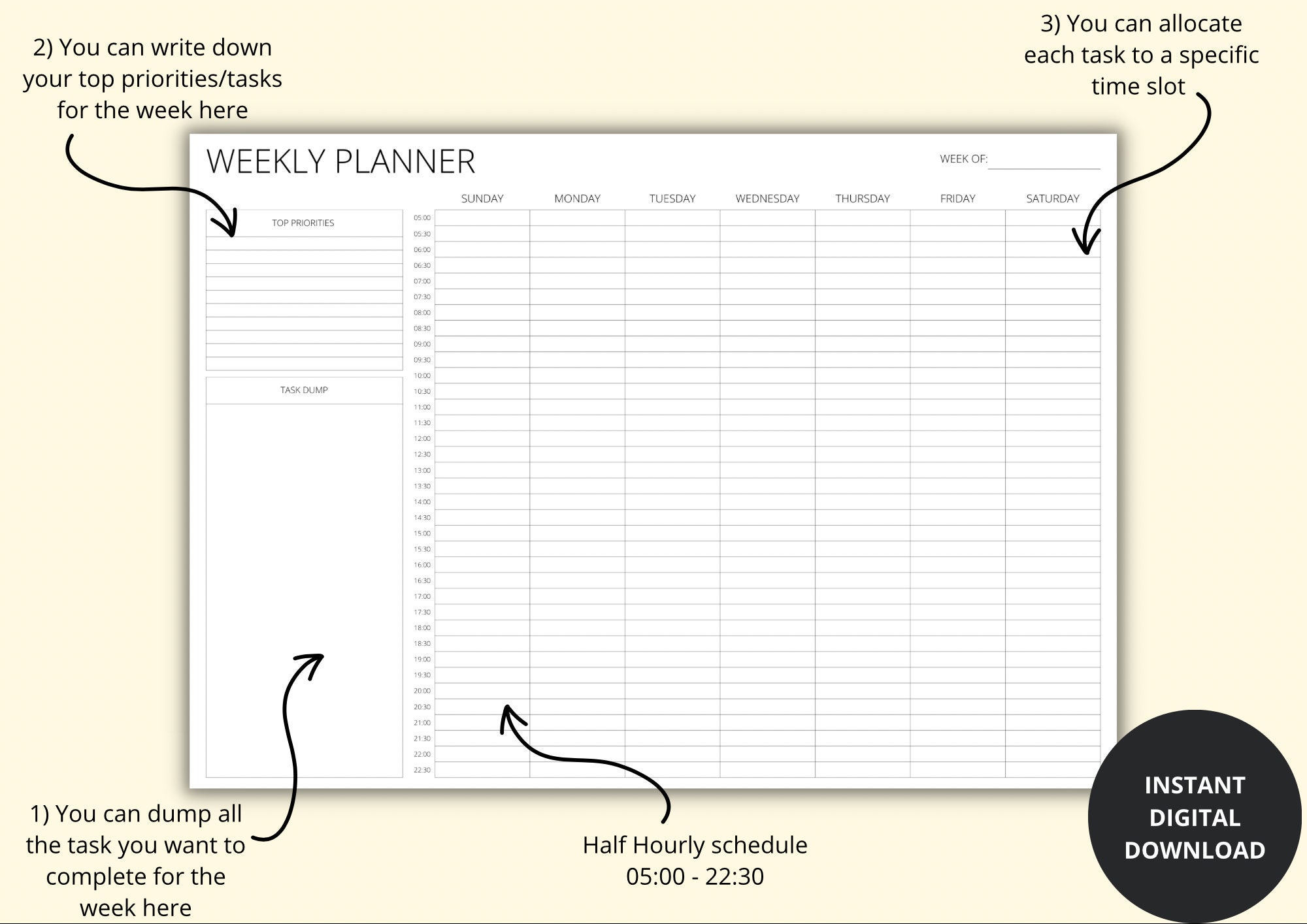 7 Day Weekly Timebox Planner, Weekly Time Block, Week at a Glance ...
