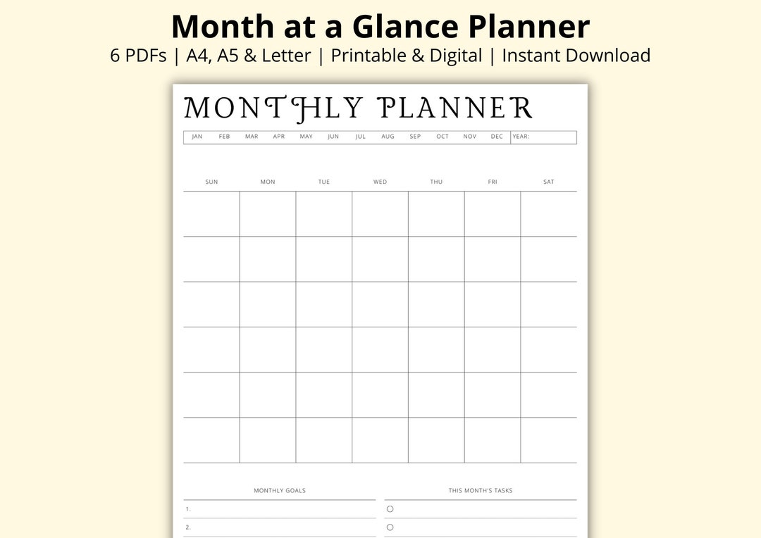 Month at a Glance, Monthly Planner, Blank Monthly Calendar Template ...