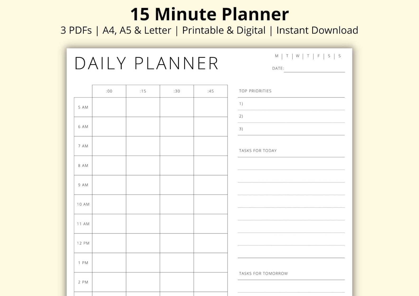 15 Minute Planner Printable Daily Planner Time Blocking Day - Etsy