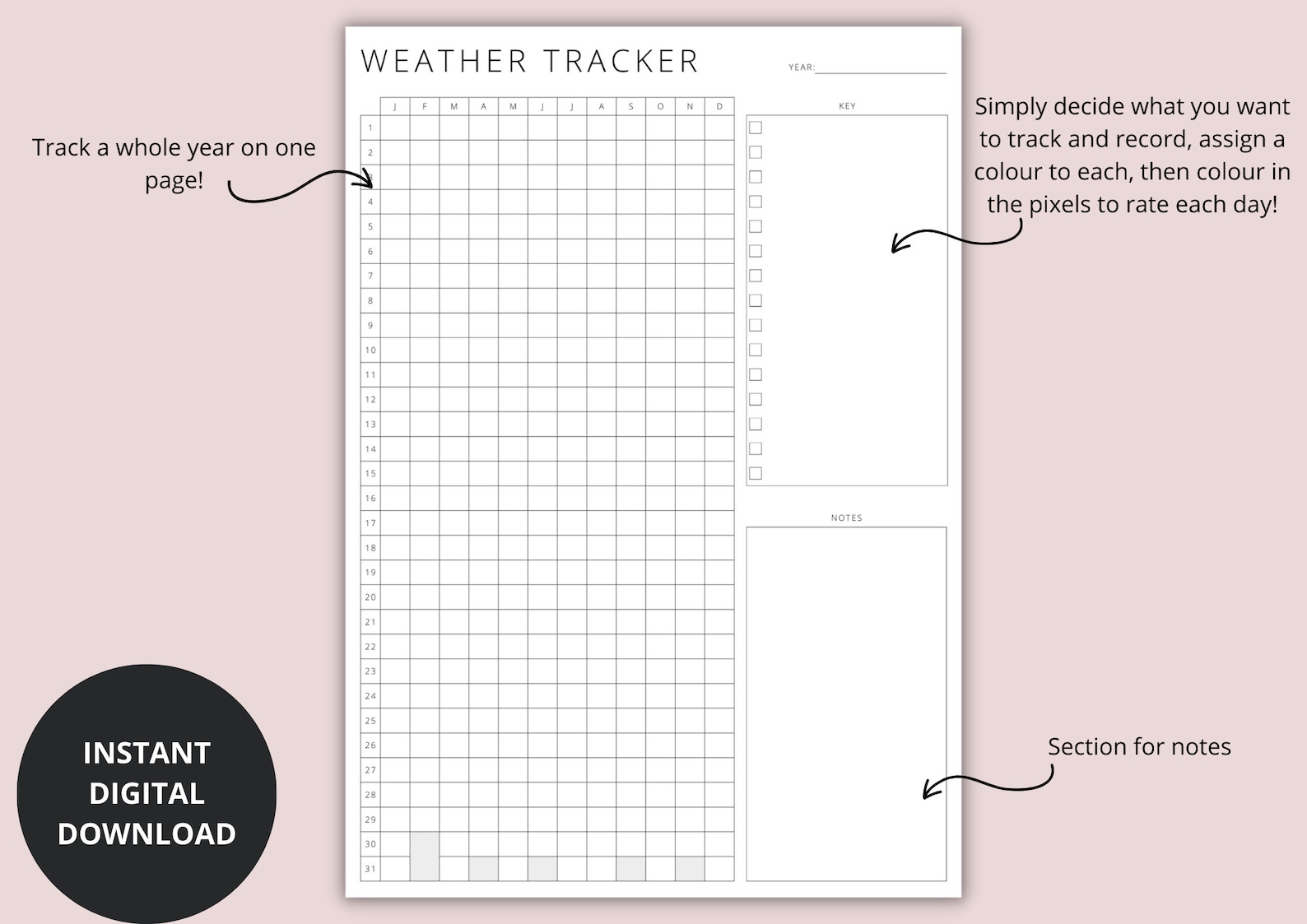 Weather Tracker, Temperature Tracker Sheet, Yearly Pixels Tracker ...