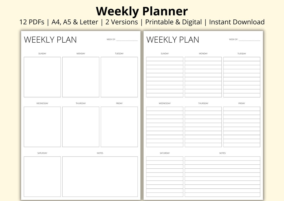 Weekly Planner, Simple Weekly Schedule Template, Week at a Glance, 7 ...