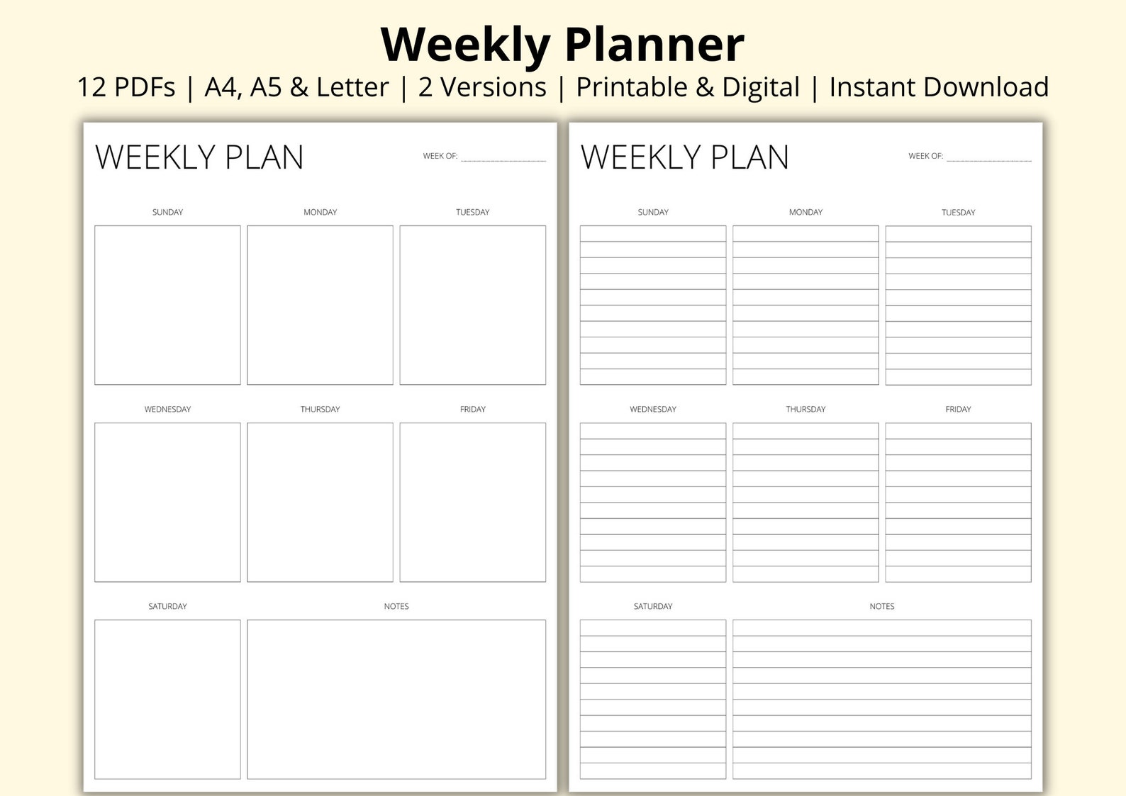 Weekly Planner, Simple Weekly Schedule Template, Week at a Glance, 7 ...