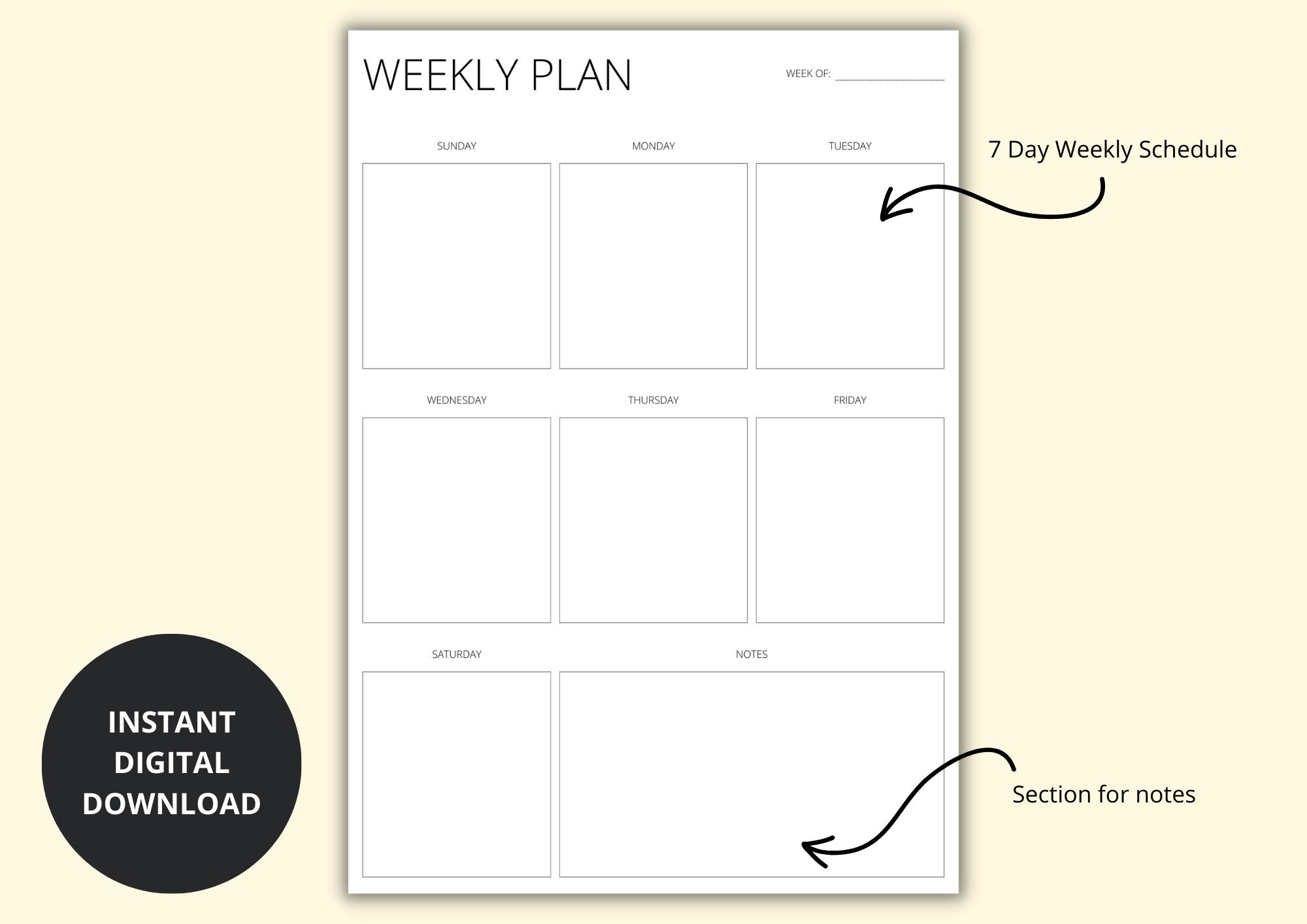 Weekly Planner, Simple Weekly Schedule Template, Week at a Glance, 7 ...