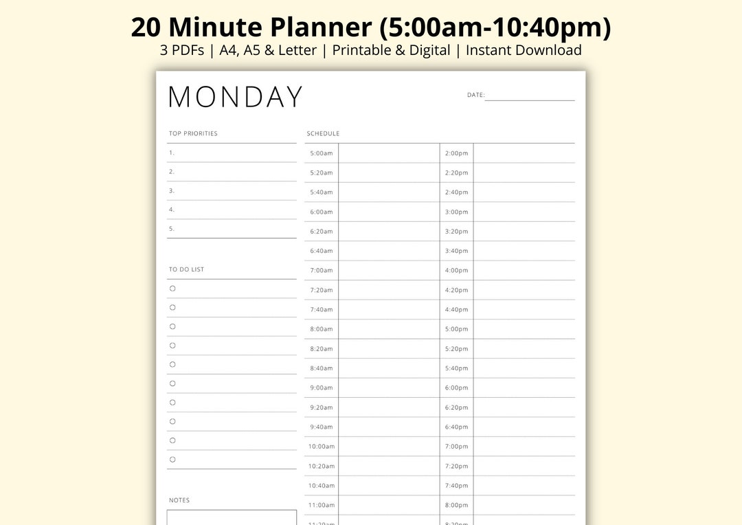 20 Minute Planner, Time Block Planner, Appointment Sheet, 7 Day ...