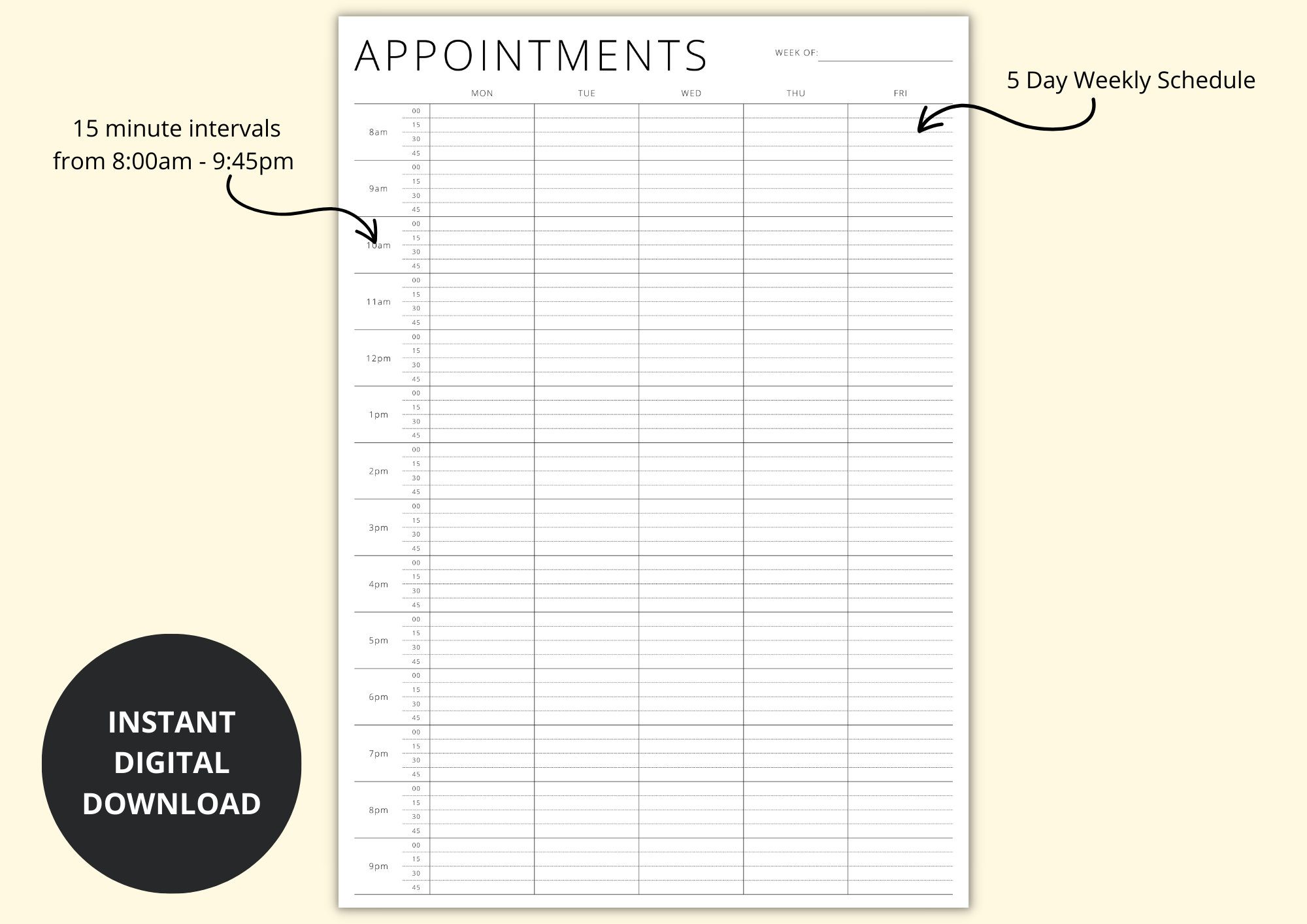 Appointment Sheet, 15 Minute Planner, Appointment Tracker, 5 Day ...