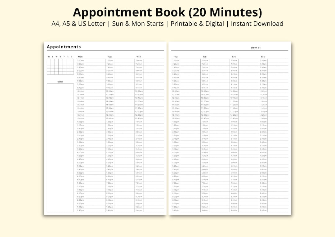 Appointment Book Printable, 20 Minute Interval Planner, Digital Appointment Sheet, Salon ...