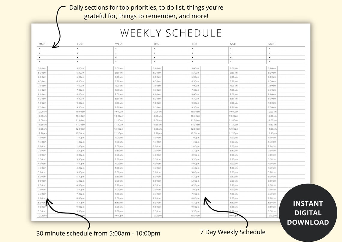 Weekly Planner, 7 Day Timetable Sheet, 30 Minute Time Blocking Schedule ...