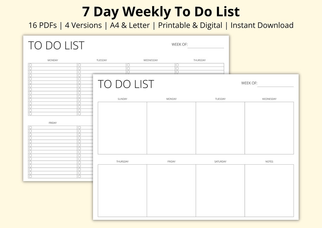 7 Day Weekly to Do List, Weekly Planner, Weekly Checklist, Task List ...