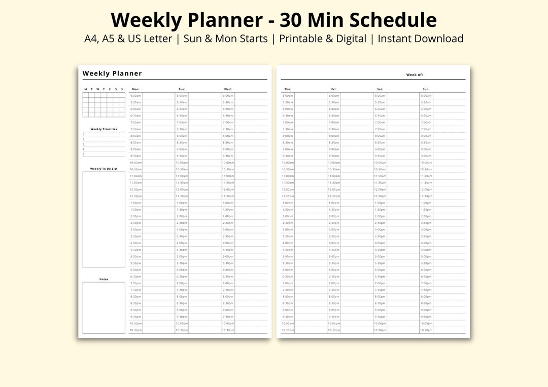 30 Minute Weekly Schedule, 7 Day Timetable Sheet, 30 Minute Time ...